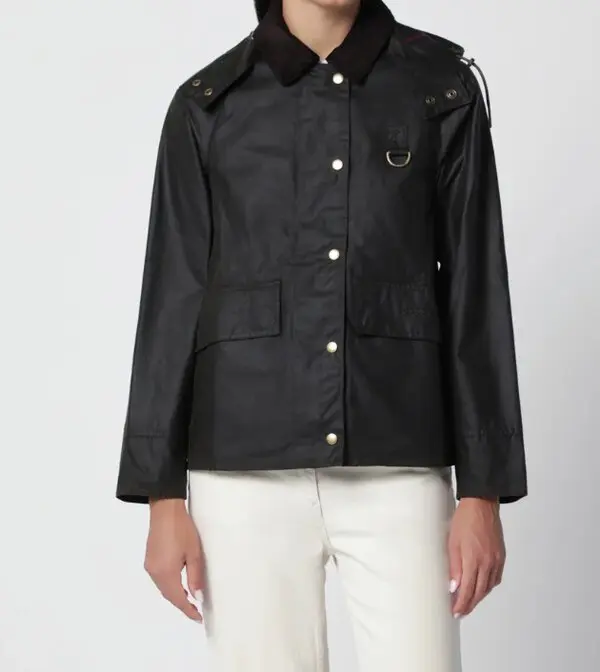 Barbour Waxed Cotton Jacket With Detachable Hood And Embroidered Pockets - Navy Blue