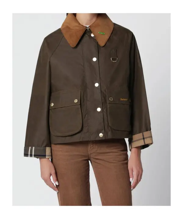 Barbour Waxed Cotton Jacket With Corduroy Collar And Tartan Lined Cuffs - Beech Color