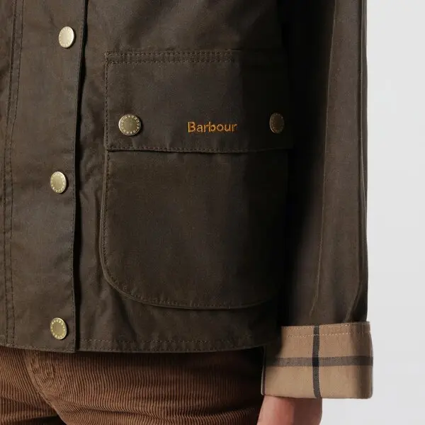 Barbour Waxed Cotton Jacket With Corduroy Collar And Tartan Lined Cuffs - Beech Color