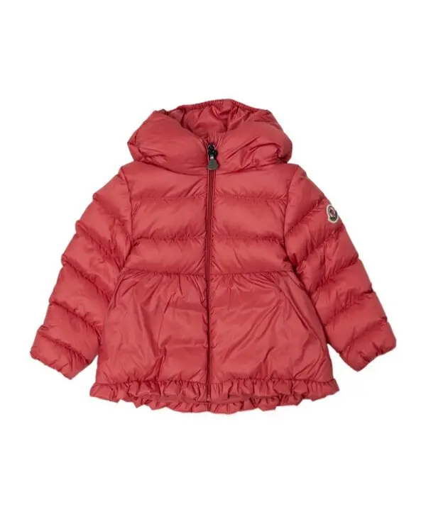 Moncler Long-sleeved Hooded Down Jacket With Ruffle Trim - Pink
