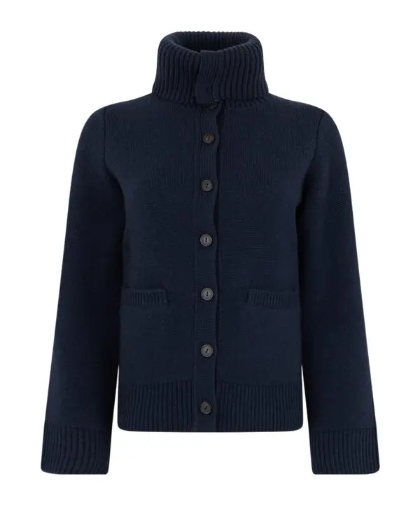Vince Ribbed High Collar Cardigan - Dark Blue