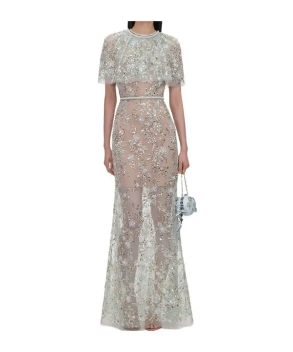 SELF-PORTRAIT Sequin Embellished Cape Sleeve Maxi Dress