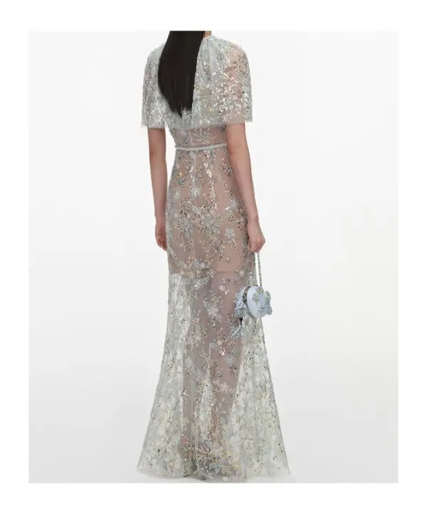SELF-PORTRAIT Sequin Embellished Cape Sleeve Maxi Dress