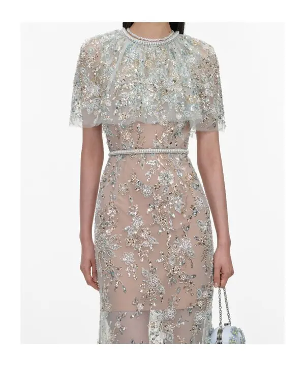 SELF-PORTRAIT Sequin Embellished Cape Sleeve Maxi Dress