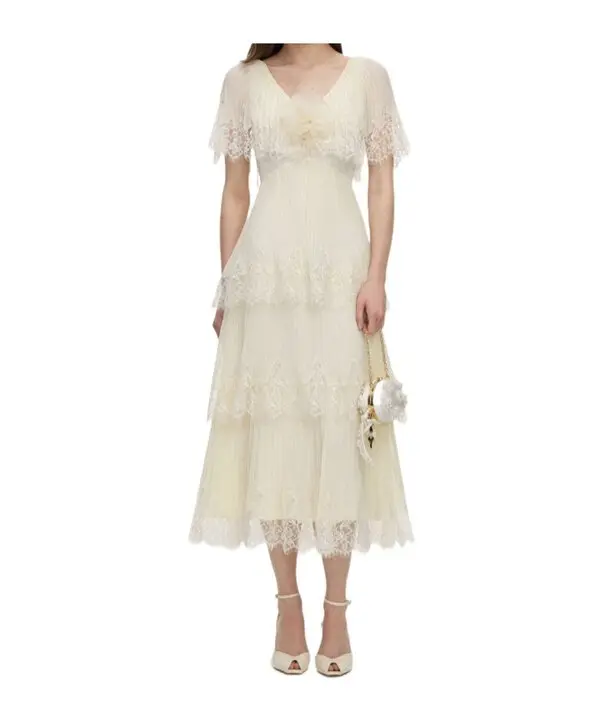 SELF-PORTRAIT Chiffon Tiered Midi Dress With Floral Rosette Brooch
