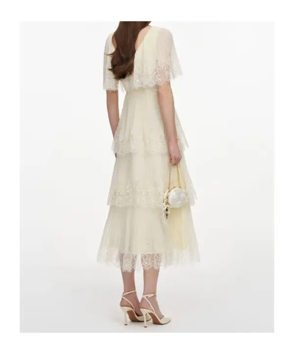 SELF-PORTRAIT Chiffon Tiered Midi Dress With Floral Rosette Brooch