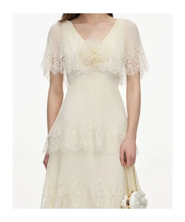SELF-PORTRAIT Chiffon Tiered Midi Dress With Floral Rosette Brooch