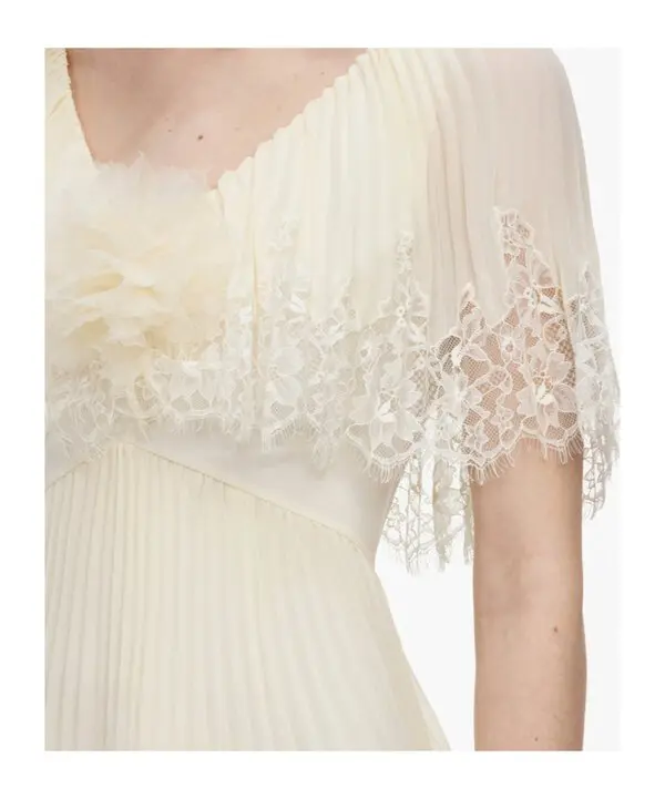 SELF-PORTRAIT Chiffon Tiered Midi Dress With Floral Rosette Brooch