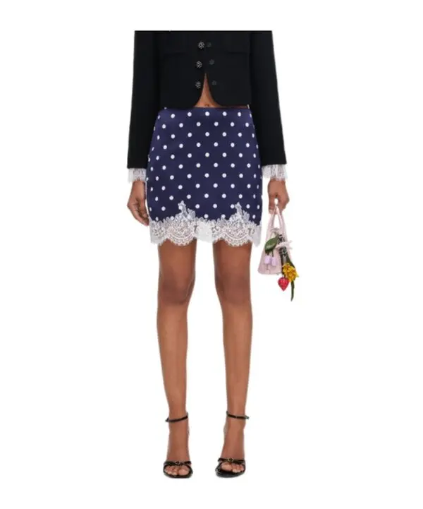 SELF-PORTRAIT Polka Dot Satin Mini Skirt With Lace Trim - Navy