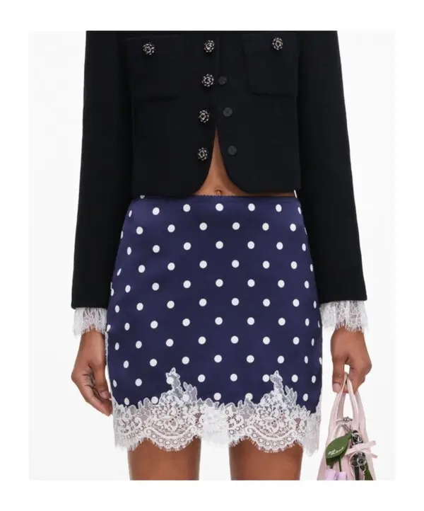 SELF-PORTRAIT Polka Dot Satin Mini Skirt With Lace Trim