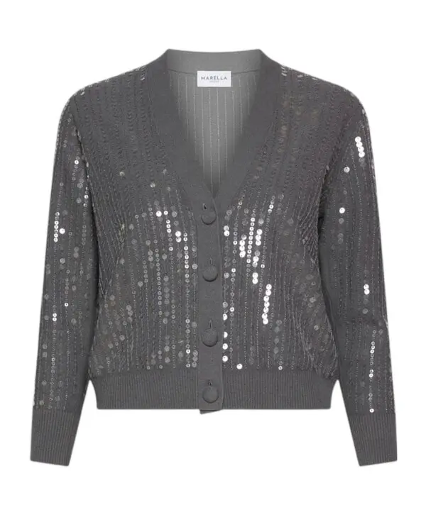 Marella Sequined V-neck Button-front Knit Cardigan - Gray