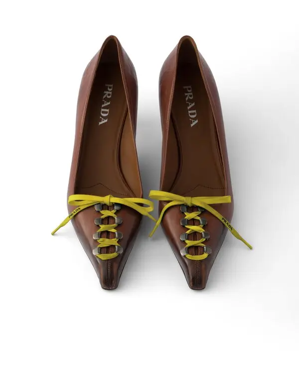 Prada Antiqued Leather Pumps With Logo Detail - Brown