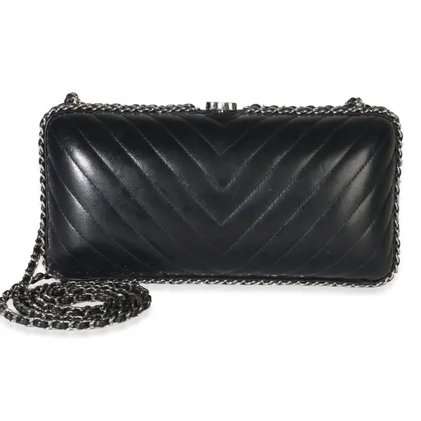 Chanel Chevron Lambskin Chain Around Box Clutch - Black