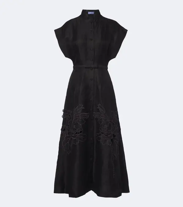 LEO LIN Aubrey Floral-appliqué Linen-blend Midi Dress