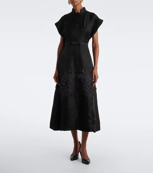 LEO LIN Aubrey Floral-appliqué Linen-blend Midi Dress