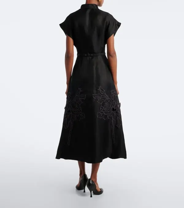 LEO LIN Aubrey Floral-appliqué Linen-blend Midi Dress