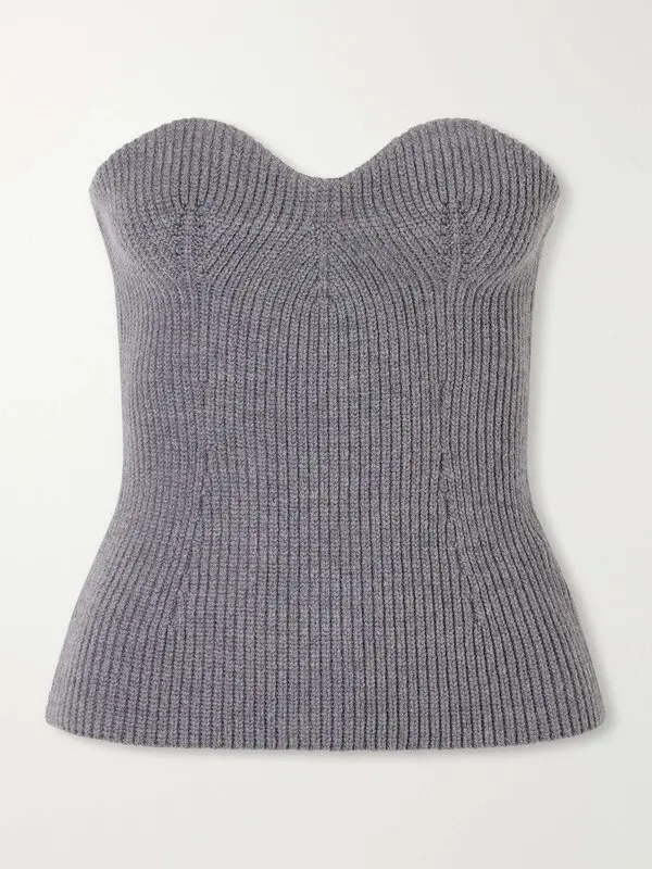 JIL SANDER Strapless Ribbed Wool-blend Bustier Top