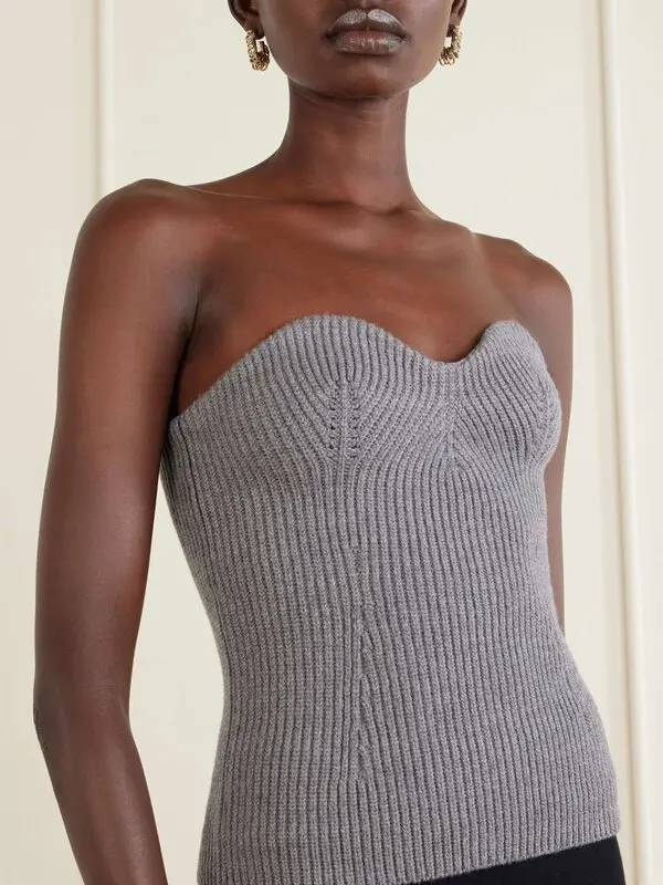 JIL SANDER Strapless Ribbed Wool-blend Bustier Top