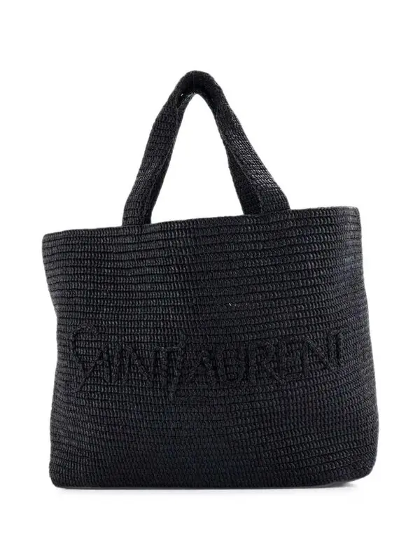 Saint Laurent Logo Embroidered Raffia Tote Bag - Black