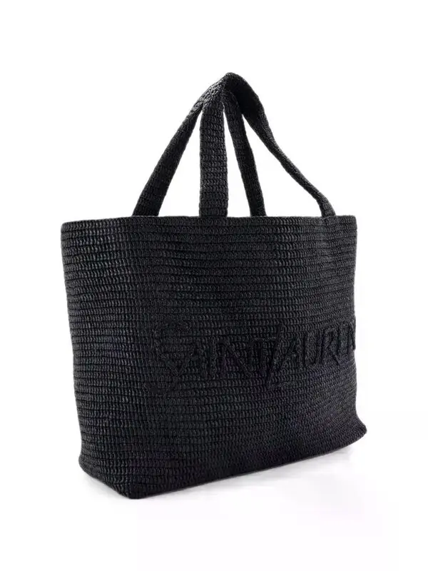 Saint Laurent Logo Embroidered Raffia Tote Bag - Black