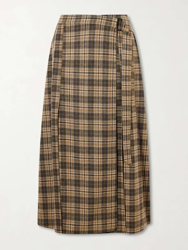 Brunello Cucinelli Checked Wool-blend Wrap Midi Skirt