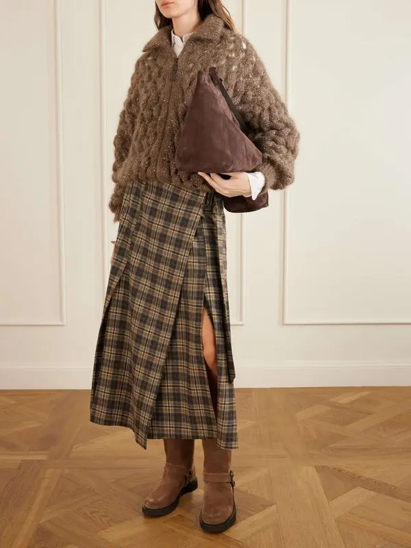 Brunello Cucinelli Checked Wool-blend Wrap Midi Skirt