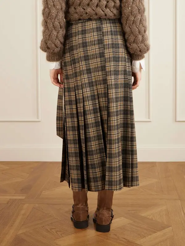 Brunello Cucinelli Checked Wool-blend Wrap Midi Skirt