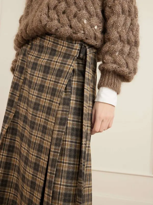 Brunello Cucinelli Checked Wool-blend Wrap Midi Skirt
