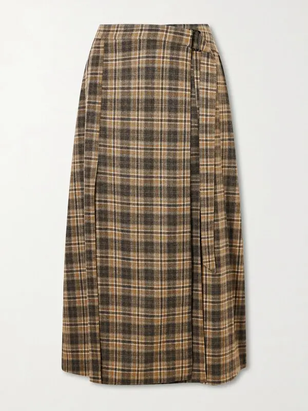 Brunello Cucinelli Checked Wool-blend Wrap Midi Skirt - Brown