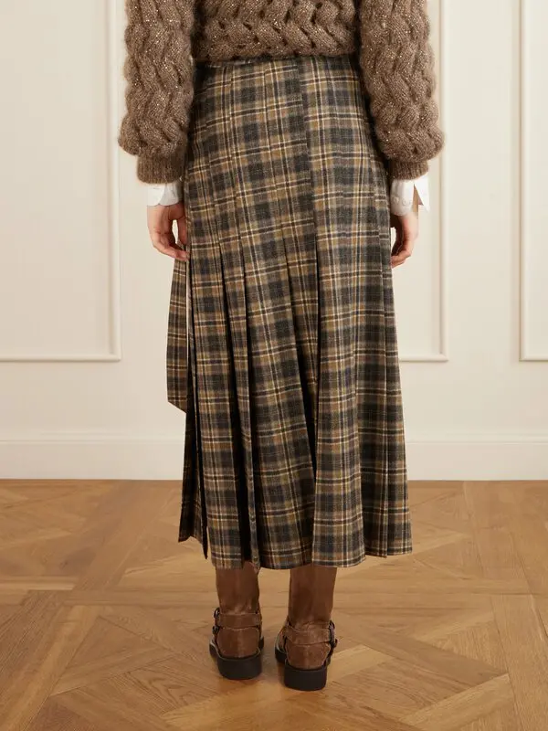 Brunello Cucinelli Checked Wool-blend Wrap Midi Skirt