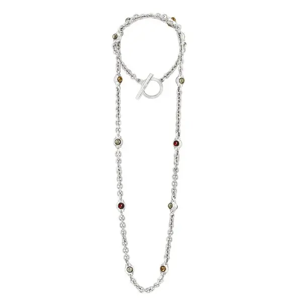 CORSO JEWELRY Long Silver Garnet Necklace With Omega Symbol