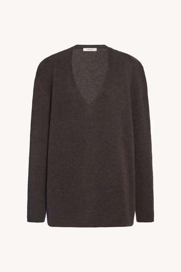 THE ROW Long Sleeve Cashmere V-neck Sweater - Brown Melange