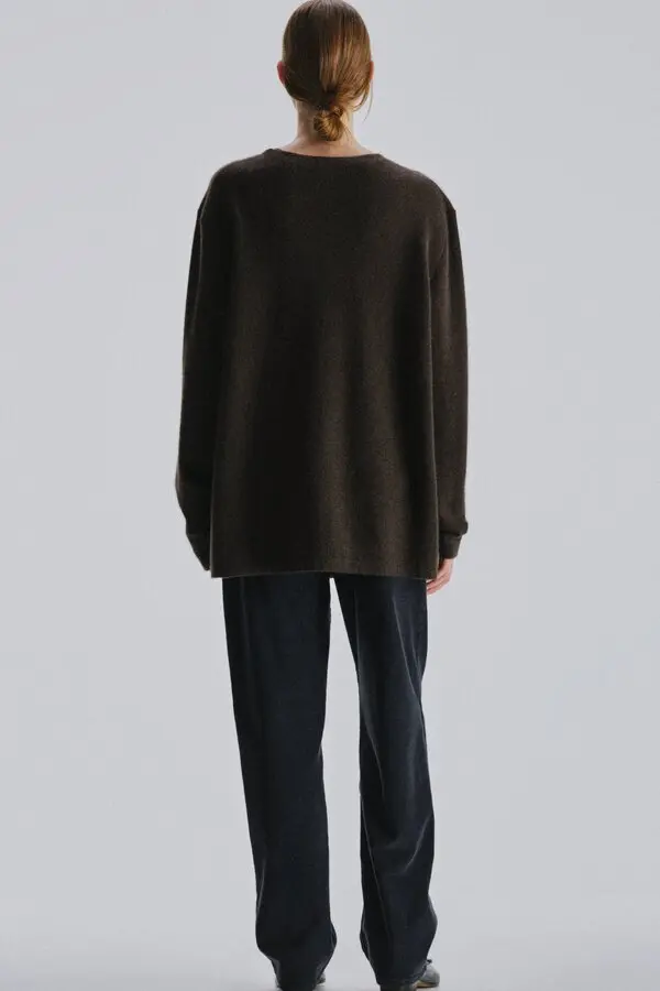 THE ROW Long Sleeve Cashmere V-neck Sweater - Brown Melange