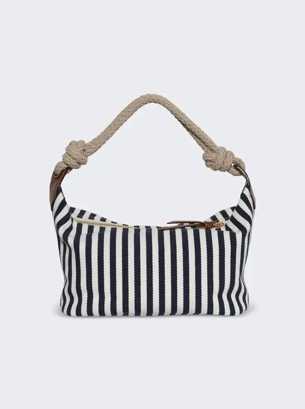 Miu Miu Striped Canvas Top Handle Bag With Cognac Leather Details - Blue