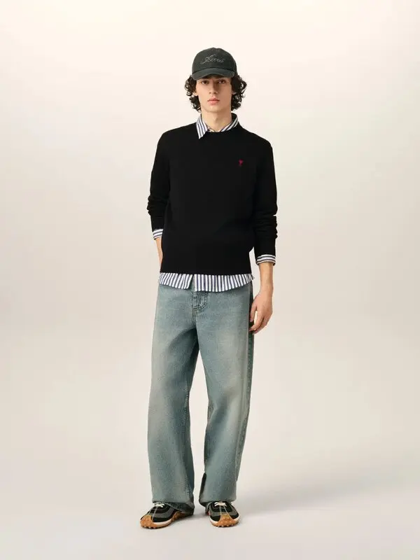 AMI Paris Crew Neck Sweater With De Coeur Emblem - Black