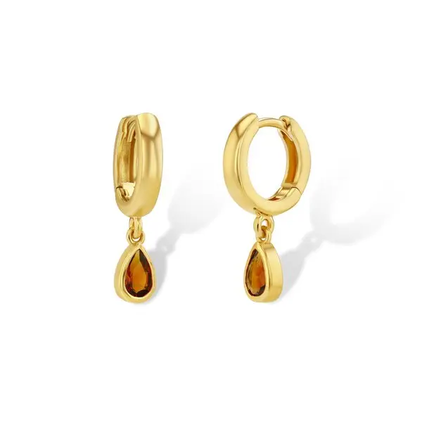 JEWELBIRD Gold / Orange Madeira Citrine Pear Drop Huggies