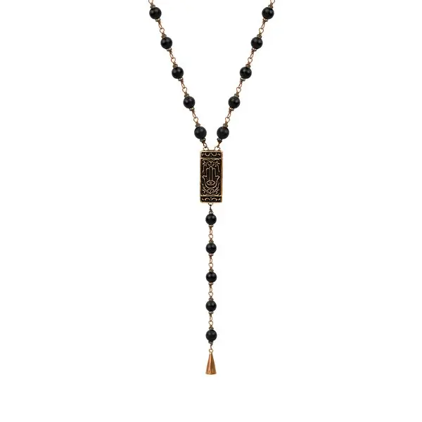 KARMA AND LUCK Onyx Rosary Necklace With Hamsa Hand Symbol - Black