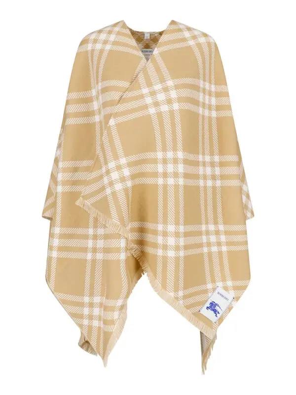 Burberry Checked Fringe Poncho - Beige