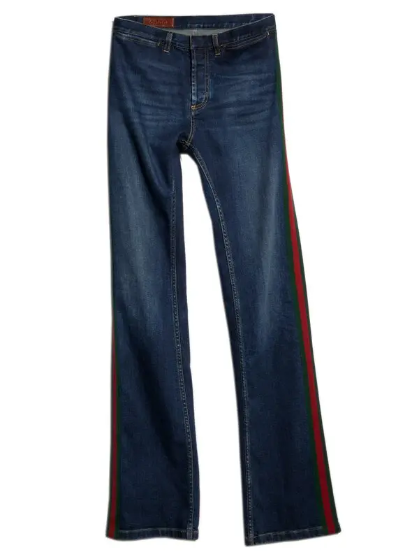 Gucci Certified Cotton Denim Jeans With Faded Effect And Web Stripe - Blu