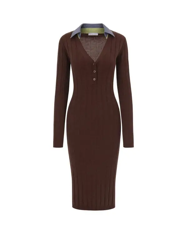 Patrizia Pepe Ribbed Knit Polo Midi Dress - Dusty Brown/grey