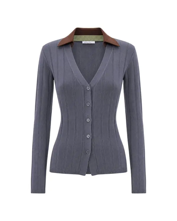 Patrizia Pepe Fitted Ribbed Knit Cardigan With Contrast Collar - Bluish Grey/brown