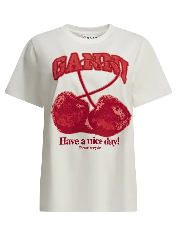 GANNI Cherries Crethestanesedew-neck T-shirt - White