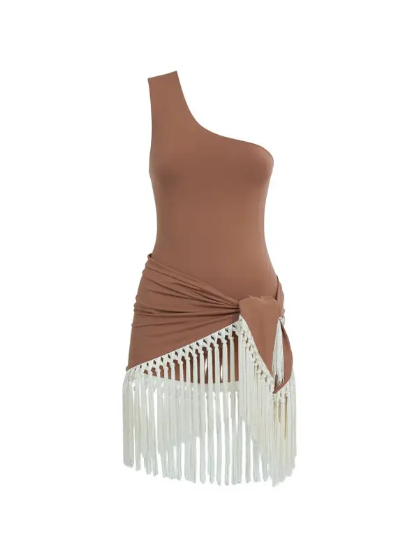 TALLER MARMO One-shoulder Swimsuit And Fringe-trimmed Beach Cover-up Set - Beige