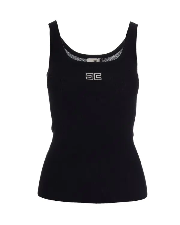 Elisabetta Franchi Ribbed Tank Top With Embroidered Logo - Nero/burro