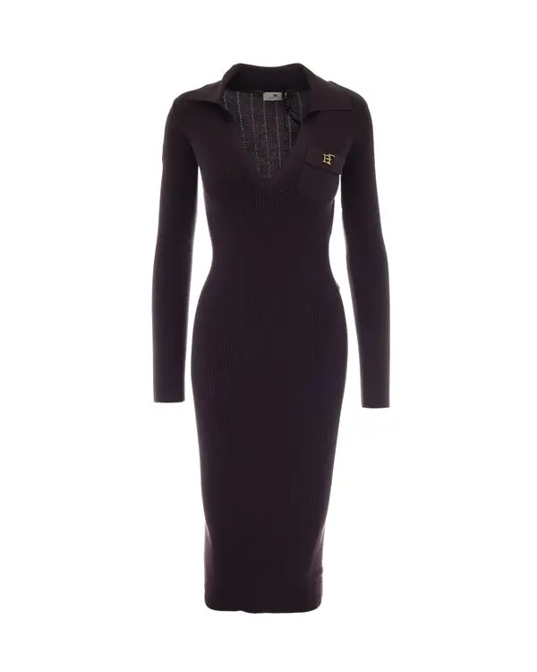 Elisabetta Franchi Ribbed Knit Long Sleeve Midi Dress - Dark Chocolate
