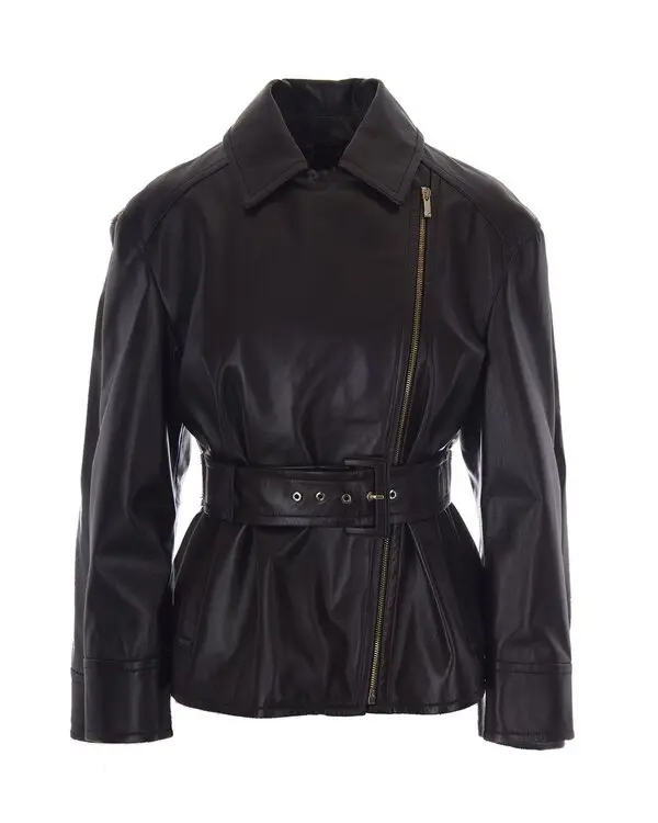 Max Mara Leather Belted Moto Jacket - Marrone