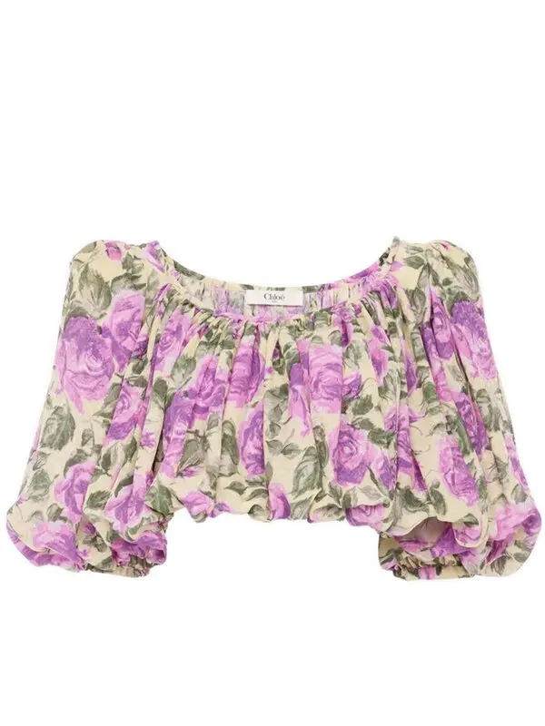 Chloé Printed Silk Cropped Top With Elasticated Neck And Cuffs - Viola