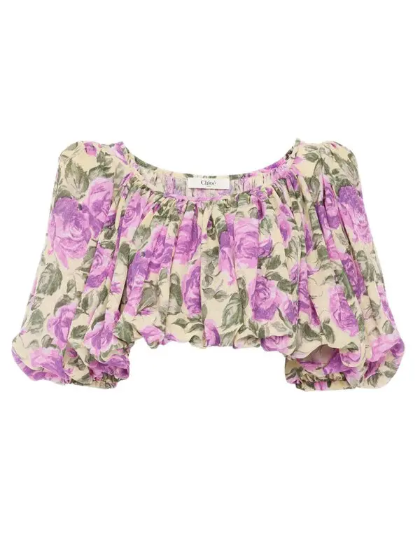 Chloé Printed Silk Top With Elasticated Neck And Cuffs Cropped Mini Top - Viola