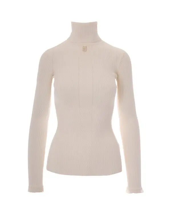Elisabetta Franchi Fitted Ribbed Turtleneck Top With Flared Cuffs - Burro