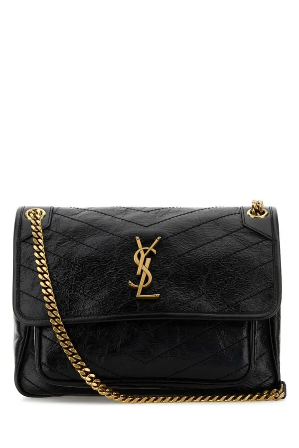 Saint Laurent Medium Quilted Leather Flap Shoulder Bag With Gold Tone Logo - Black